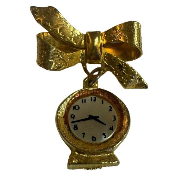 Vintage | Jewelry | Vintage 94s Bow With Dangling Clock Brooch | Poshmark